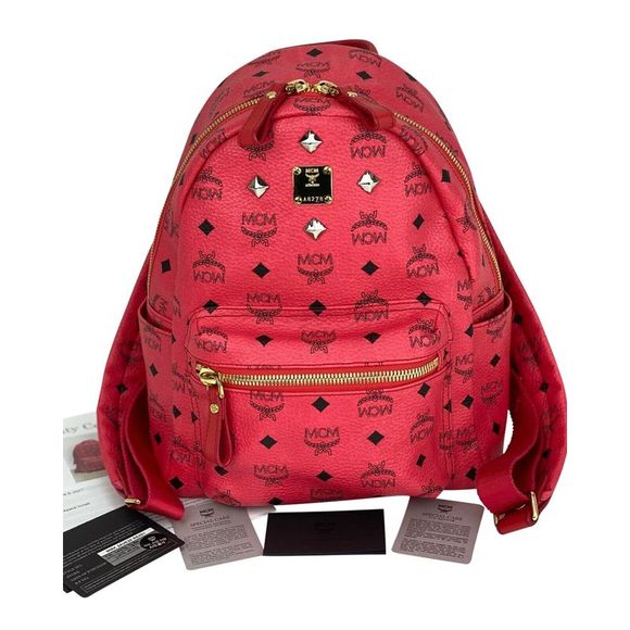 MCM | Bags | Pre Loved Mcm Backpack Red Studs Cognac Visetos Leather ...